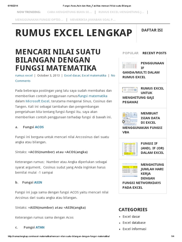 Fasilitas Mencari Nilai Suatu Bilangan Fungsi Acos Asin Dan Atan | PDF