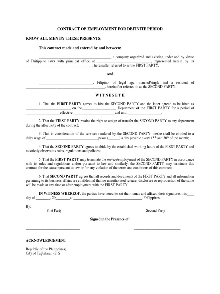 Sample Contract of Employment for Definite Period | Business Law ...