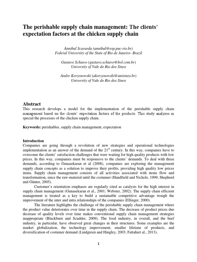 The Perishable Supply Chain Management: The Clients' Expectation ...