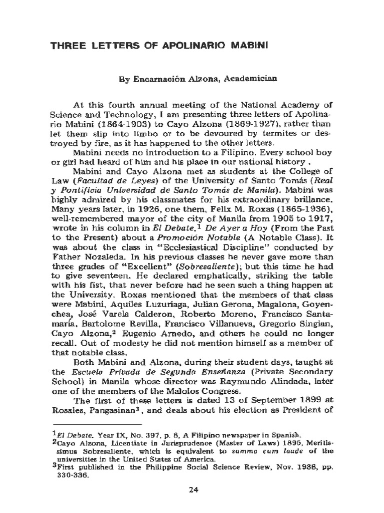 Sym 2 Three Letter of Apolinario Mabini, Encarnacion Alzona, Acd | PDF ...