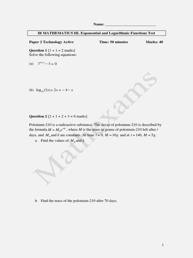IB Math HL Exponential & Logarithmic Test | PDF | Exponential Function ...