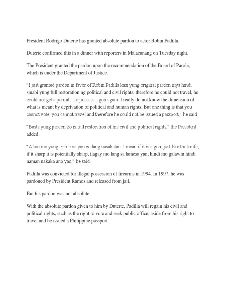 President Rodrigo Duterte Has Granted Absolute Pardon To Actor Robin ...