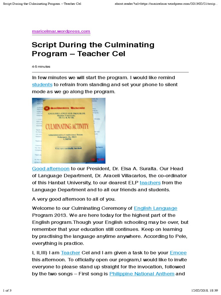 Script During The Culminating Program - Teacher Cel | PDF | Leisure