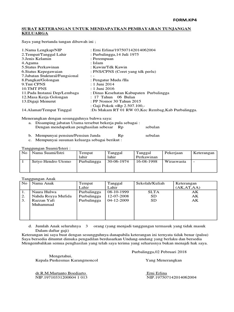 FORM KP. 4 Untuk Mendapatkan Tunjangan | PDF