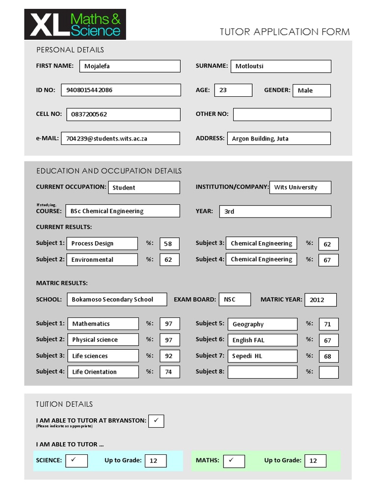 XL Tutor Application Form JHB (2017) Final | PDF | Sat | Tutor