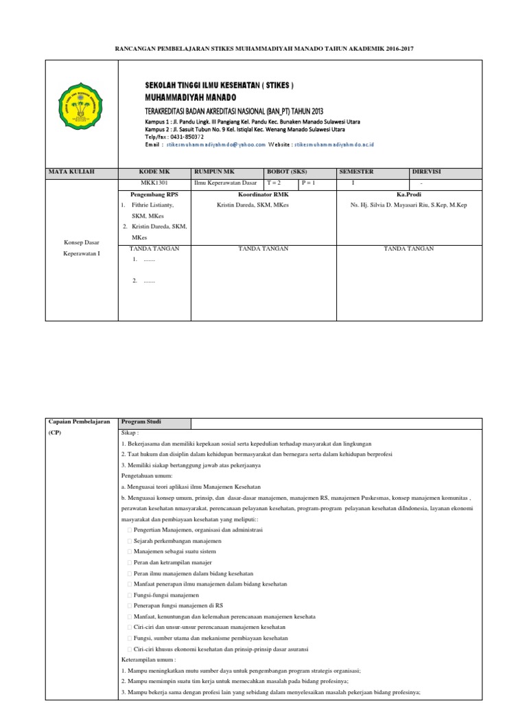 RPS Matkul Manajemen Kesehatan Stikes | PDF