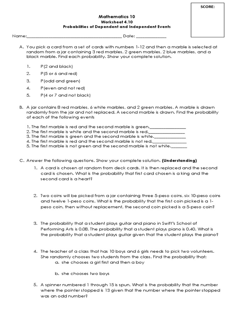 Worksheet 4.10 Probabilities of Dependent and Independent Events | PDF ...