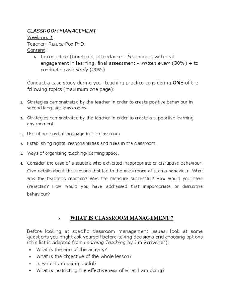 Classroom Management Week 1 | PDF | Classroom Management | Teachers
