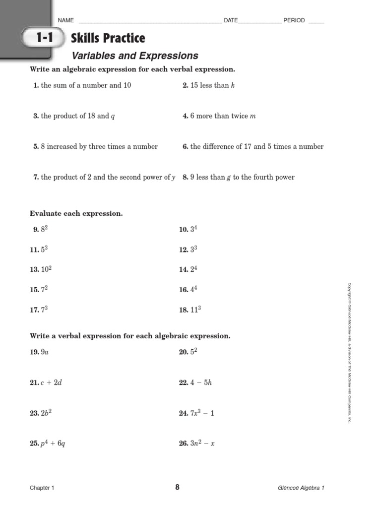 Algebra 1 Skills Practice PDF | PDF | Equations | Teaching Mathematics