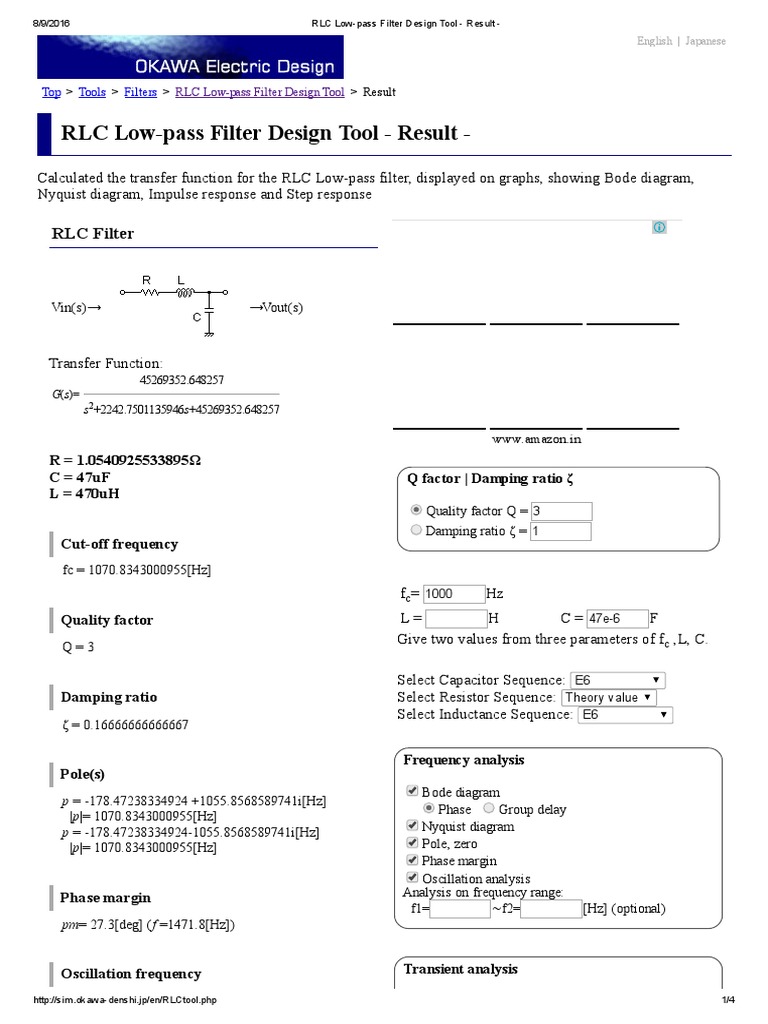 RLC Low-Pass Filter Design Tool - Result - 1000hz - Cut - Off | PDF ...