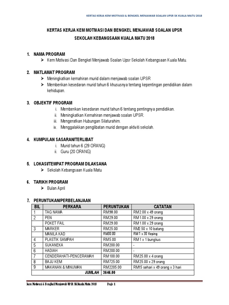 Kertas Kerja Kem Motivasi Dan Bengkel Menjawab Soalan Upsr Yayasan Sarawak SKKM | PDF