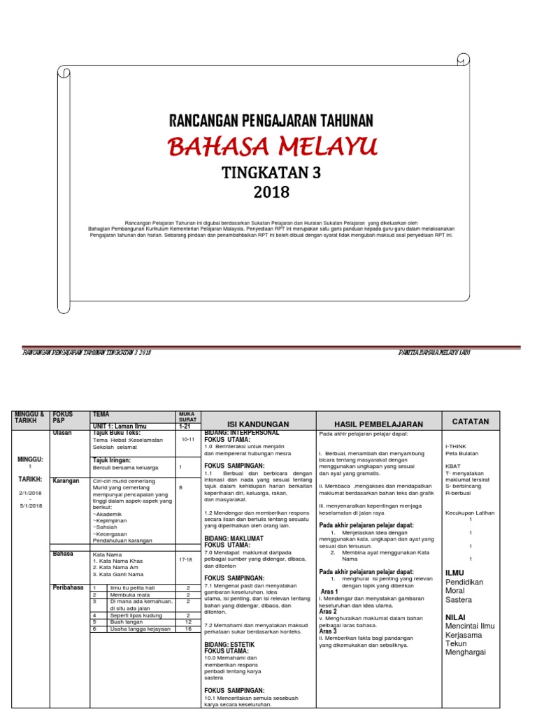 RPT BM T3 2018 | PDF | Seni & Disiplin Bahasa
