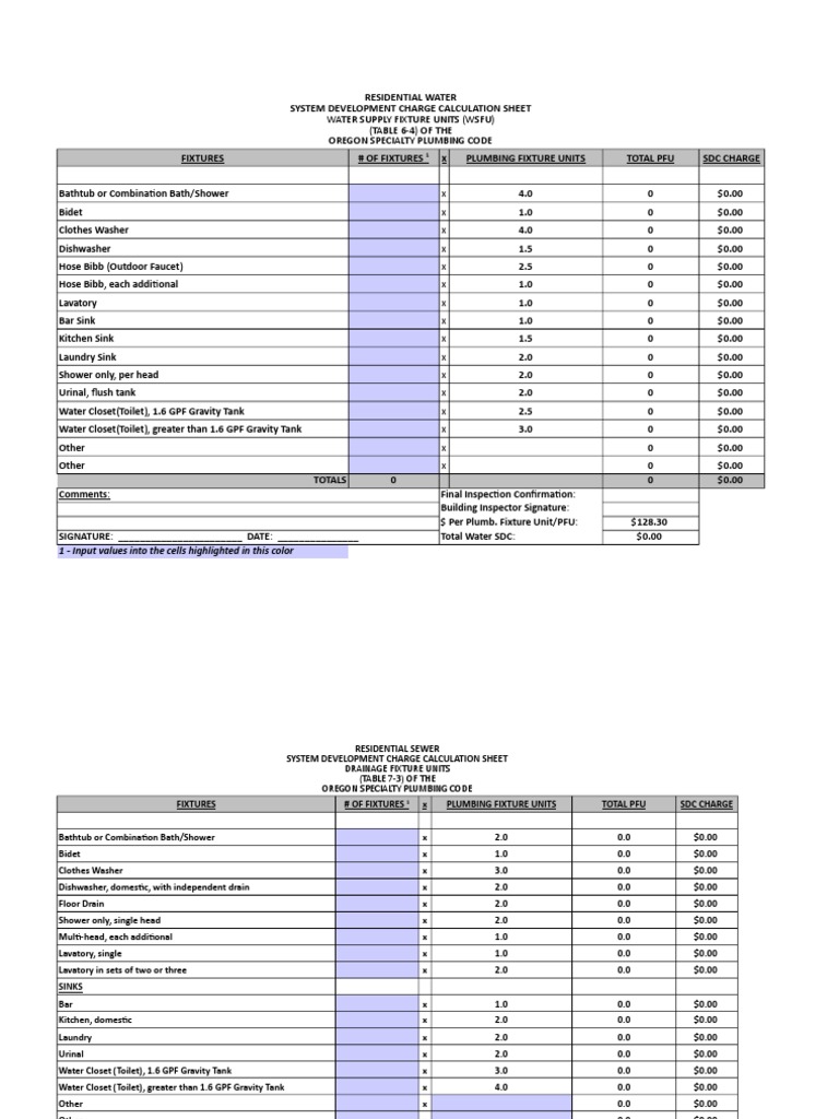 Water Supply Fixture Units (Wsfu) (Table 6-4) of The Oregon Specialty ...