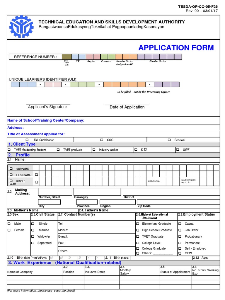 TESDA Application Form for Competency Assessment | PDF | Teaching And ...