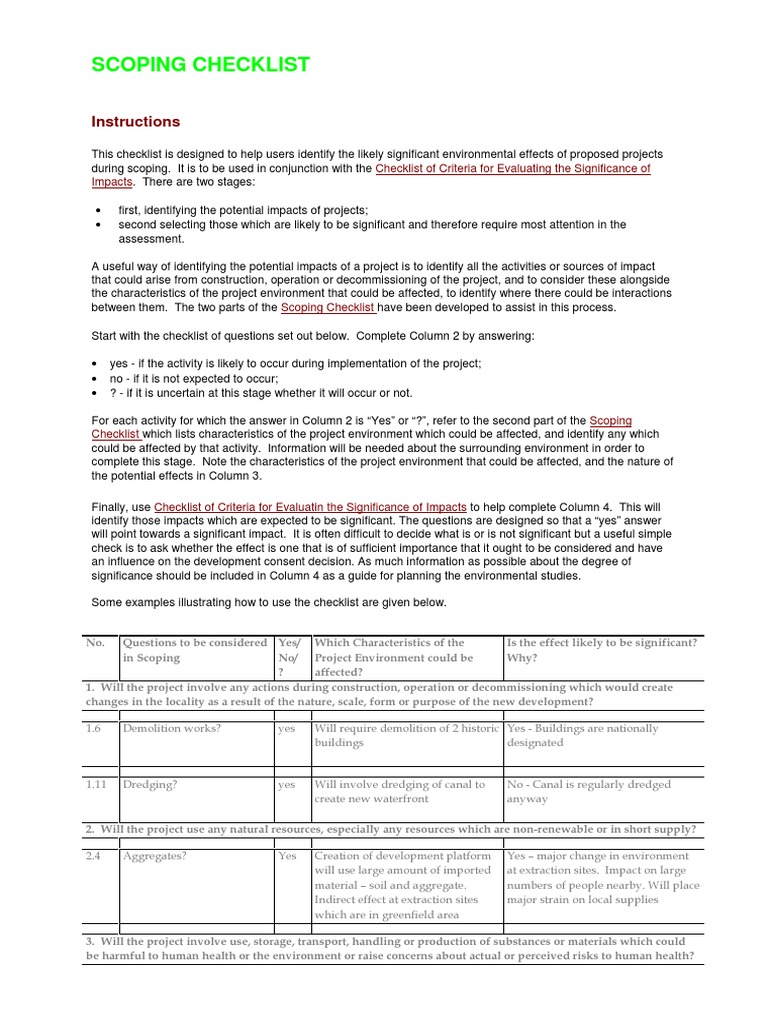 Scoping Checklist: Instructions | PDF | Water Resources | Waste