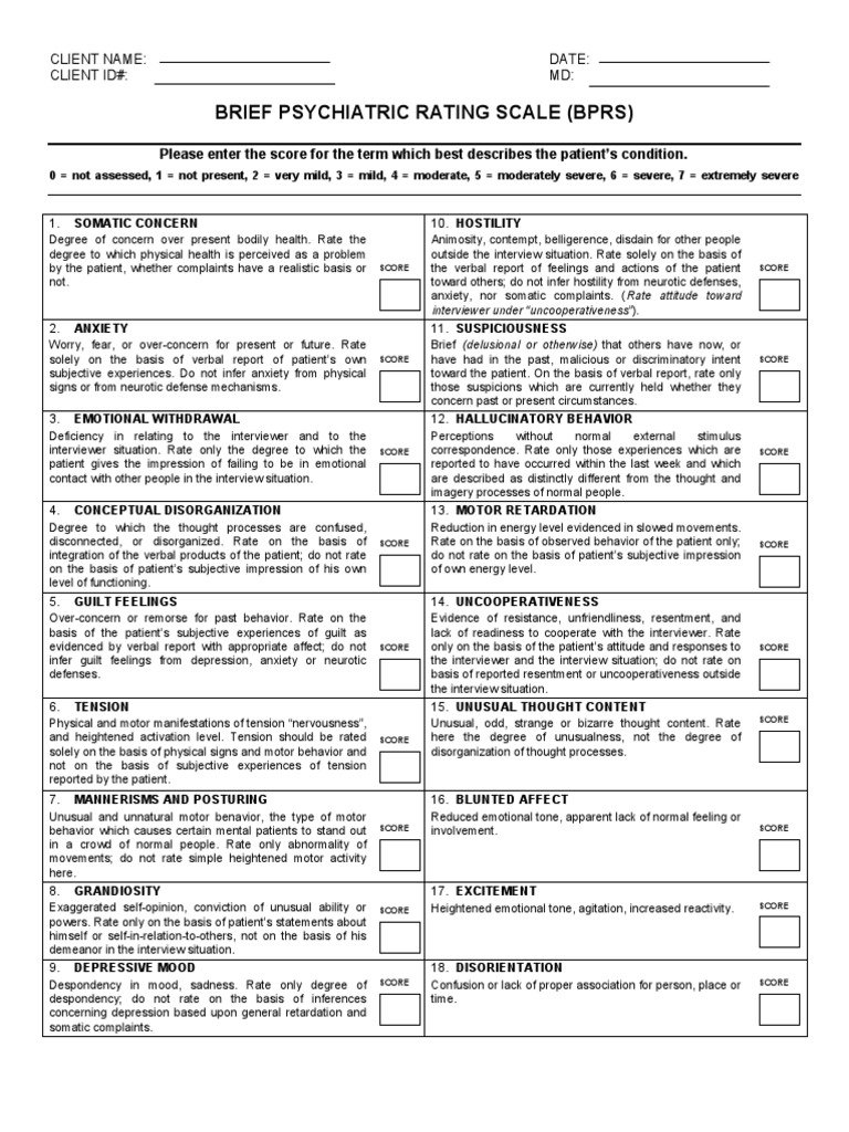 Brief Psychiatric Rating Scale (BPRS) : Please Enter The Score For The Term Which Best Describes ...