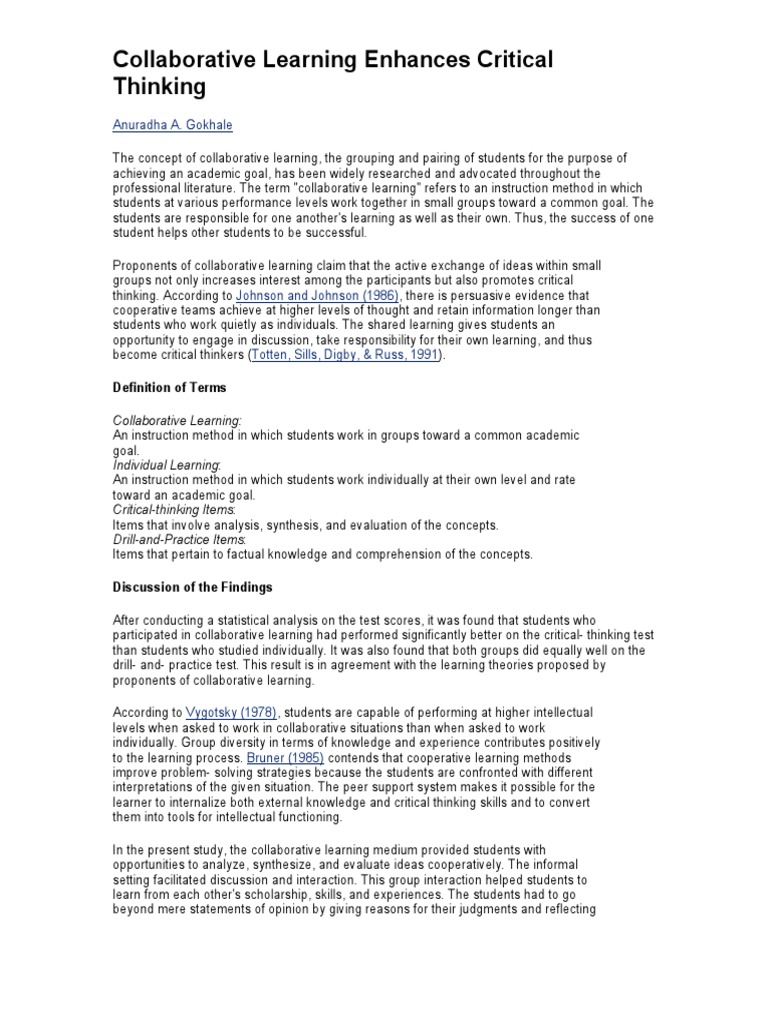 Collaborative Learning Enhances Critical Thinking Pdf Critical