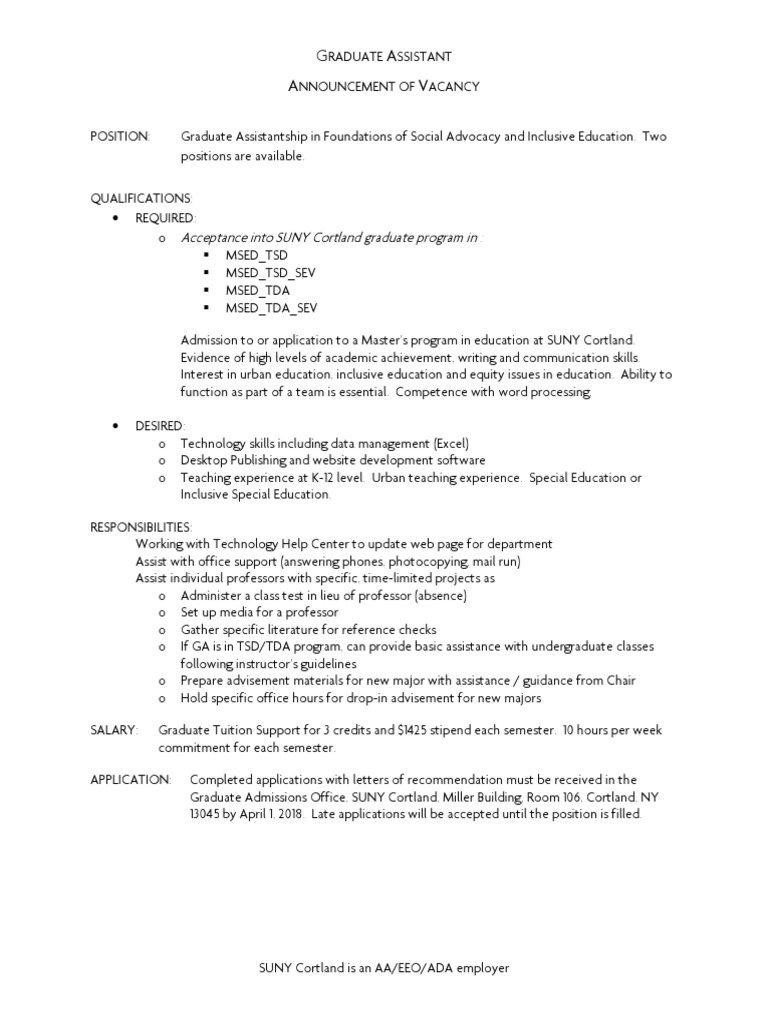 G A A V: Acceptance Into SUNY Cortland Graduate Program in | PDF