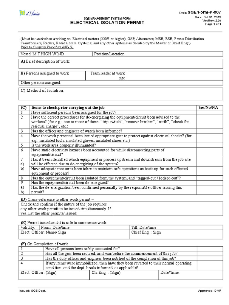 P-007 Electrical Isolation Permit | Electricity | Electric Power