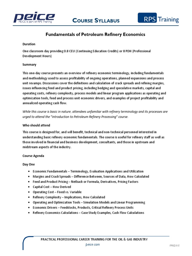 Fundamentals of Refinery Economics Course | PDF | Oil Refinery | Petroleum