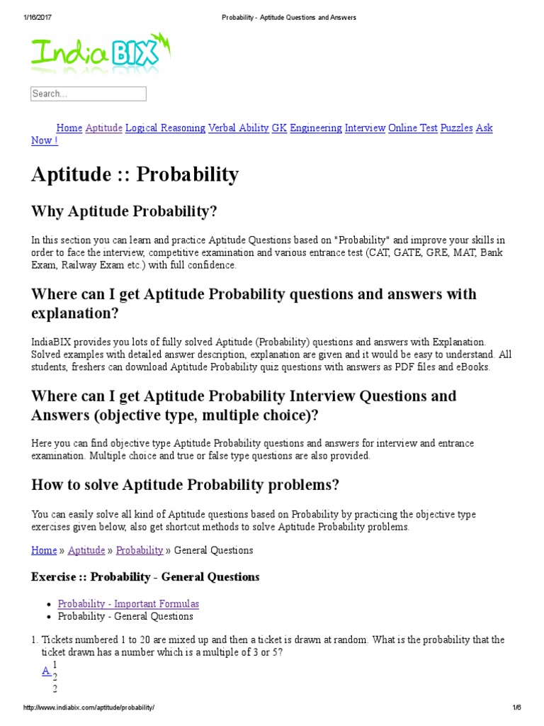 Probability - Aptitude Questions and Answers 1 | PDF | Question | Test ...