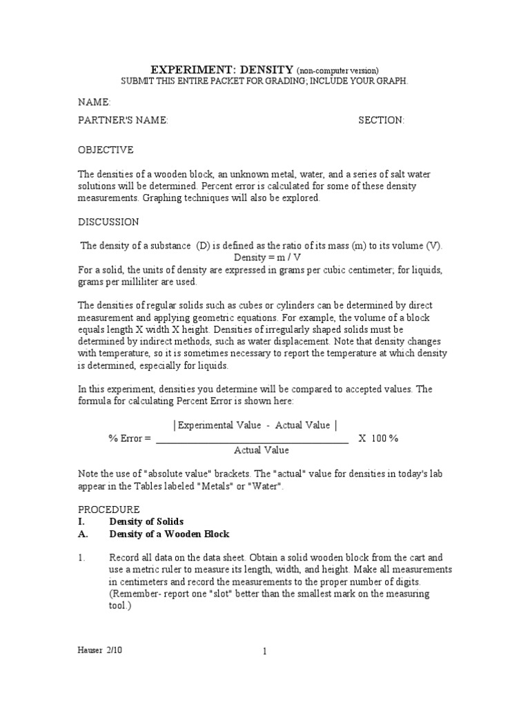 (Hauser) Density Non Computer Version | PDF | Litre | Density