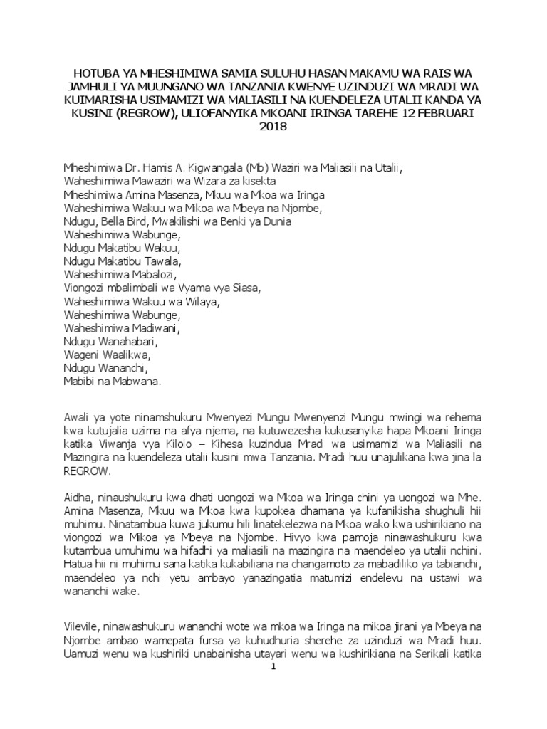 Hotuba Ya Makamu Wa Rais, Mhe. Samia Suluhu Hassan - Uzinduzi Mradi Wa ...