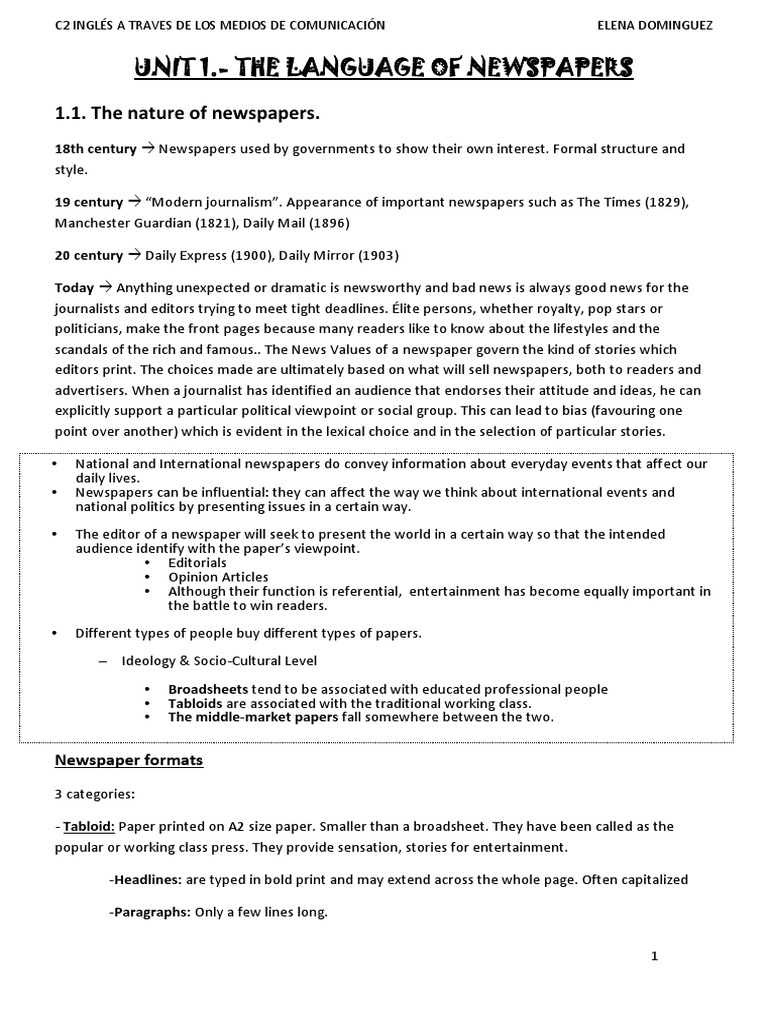 Unit 1 The Language of Newspapers | PDF | Newspapers | News
