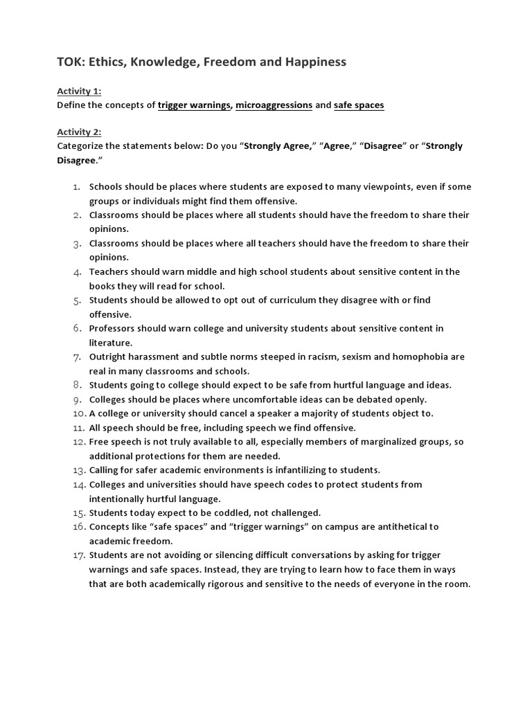 TOK: Ethics, Knowledge, Freedom and Happiness: Activity 1 | PDF | Freedom Of Speech | Science
