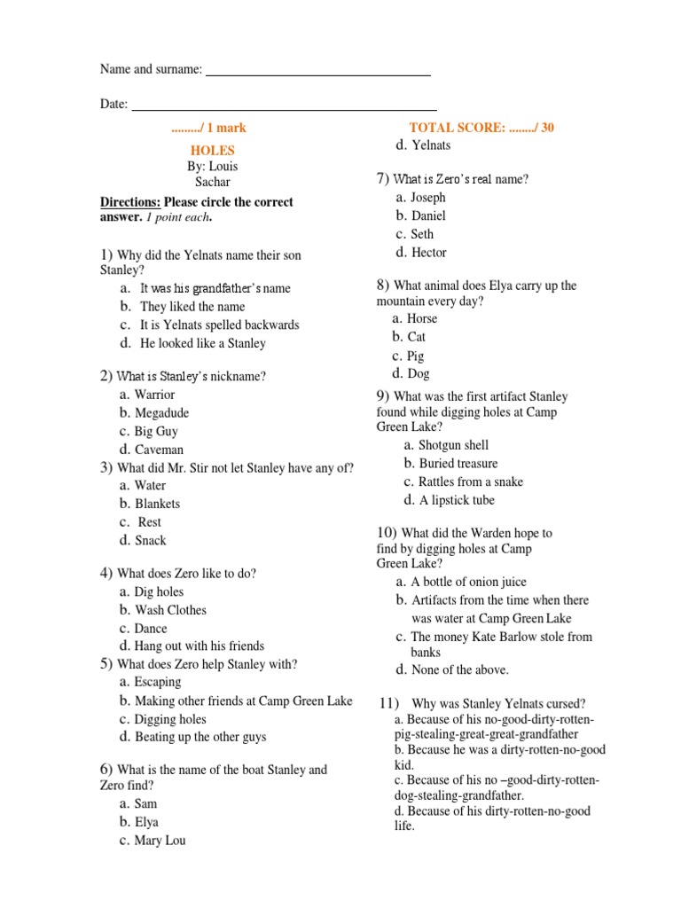 Holes Quiz for Students | PDF