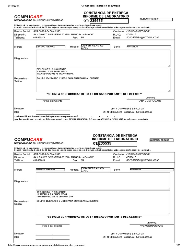 Compucare - Impresión de Entrega | PDF | Telecomunicaciones | Informática