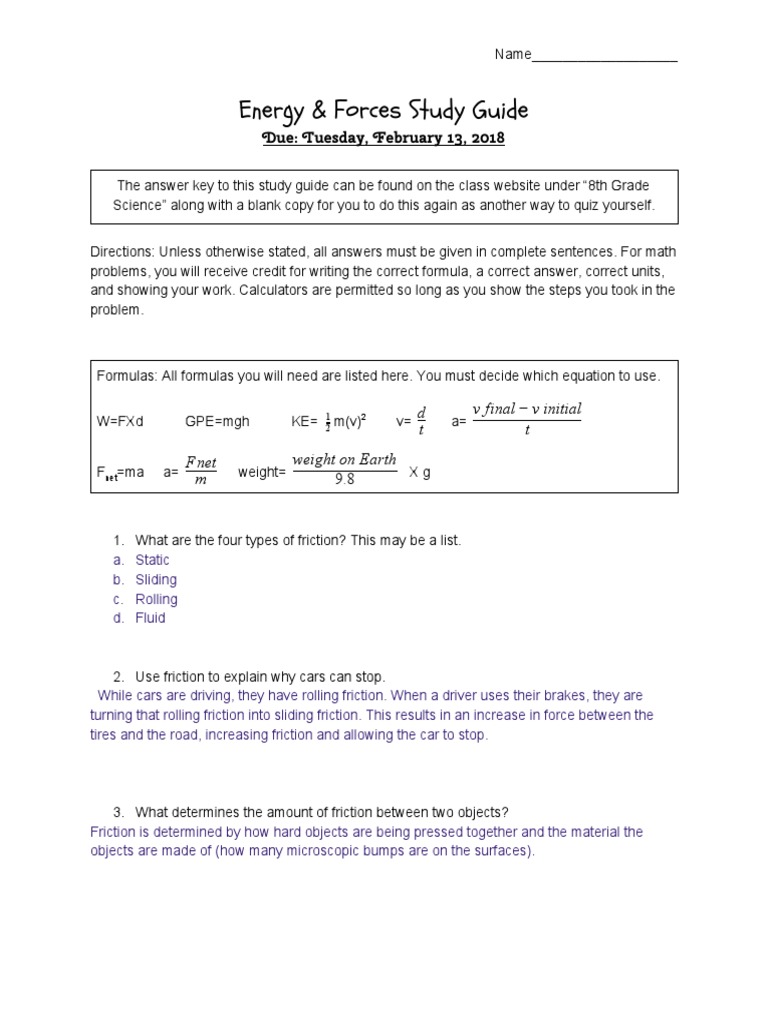 Answer Key To Forces and Energy SG | PDF | Force | Inertia