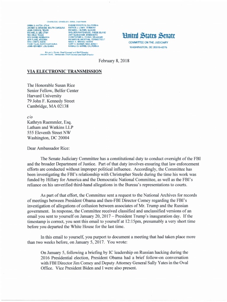 Chuck Grassley Letter To Susan Rice | PDF | Federal Bureau Of ...