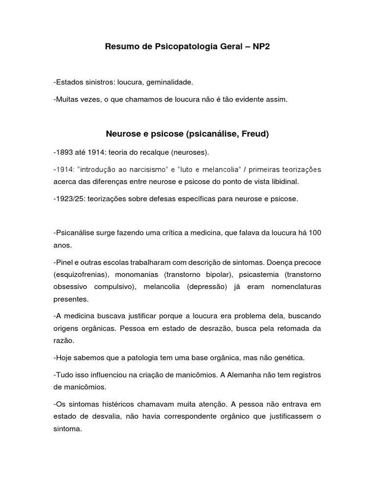Resumo de Psicopatologia Geral - NP2 | PDF | Histeria | Sigmund Freud