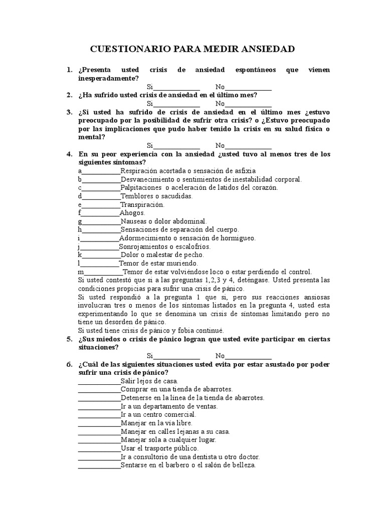 Cuestionario para Medir Ansiedad | Descargar gratis PDF | Fobia ...