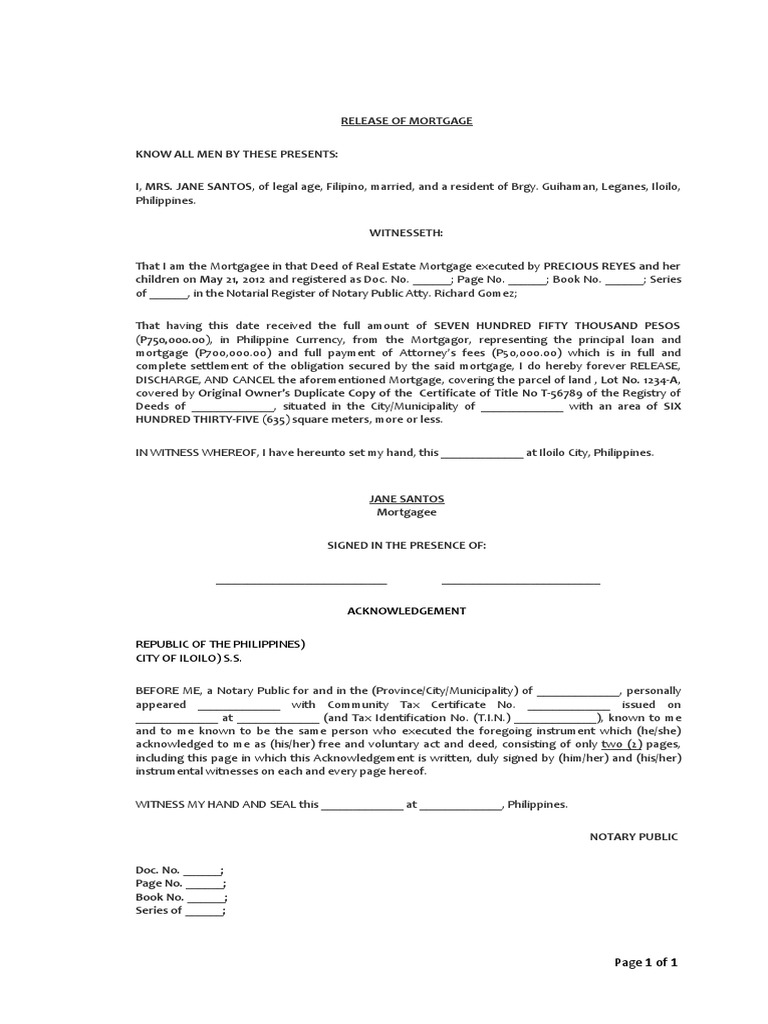 Release of Mortgage Sample | Mortgage Law | Personal Finance