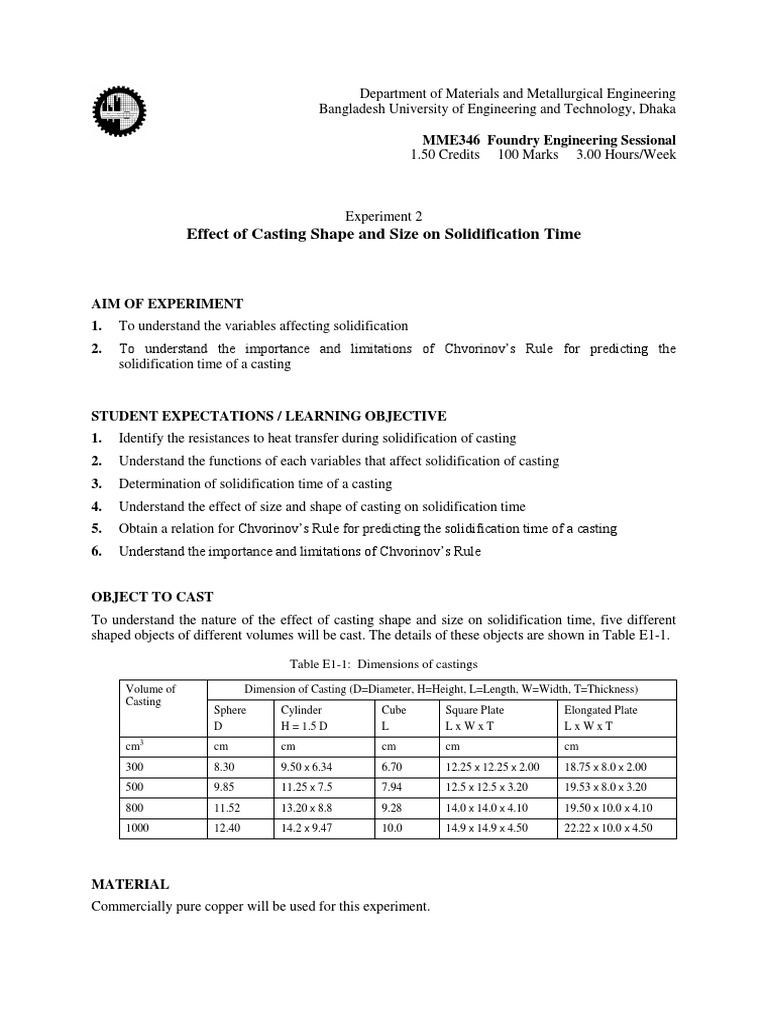 E - 2 - Effect of Casting Shape and Size On Solidification Time | PDF ...