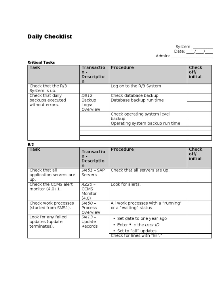 Daily Checklist: Task Transactio N-Descriptio N Procedure Check Off ...