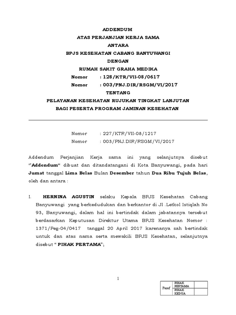 Adendum Pks Bpjs Kesehatan Dengan Rs. Graha Medika | PDF