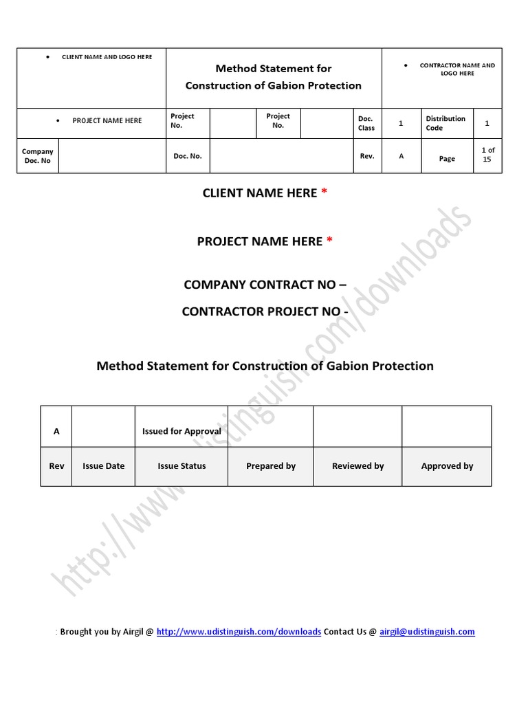 Method Statement For Construction of Gabion Protection | PDF | Safety | Occupational Safety And ...