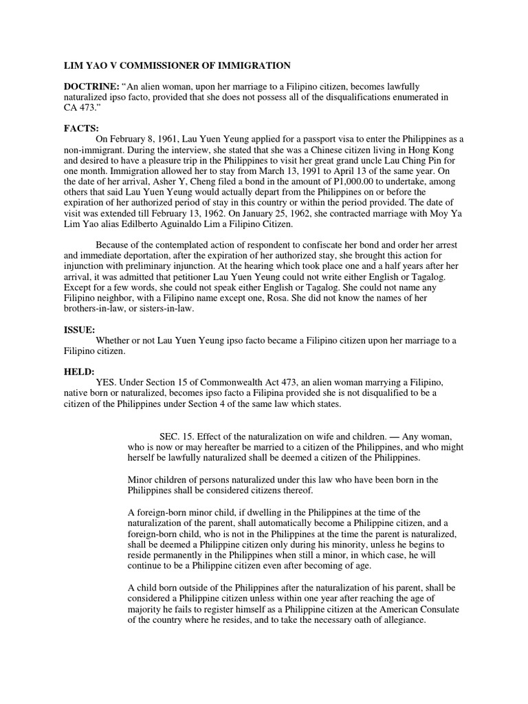 Lim Yao V Commissioner | PDF | Naturalization | Citizenship