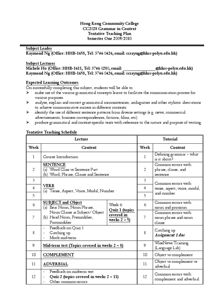 CC2028 Tentative Teaching Plan | Subject (Grammar) | Sentence (Linguistics)
