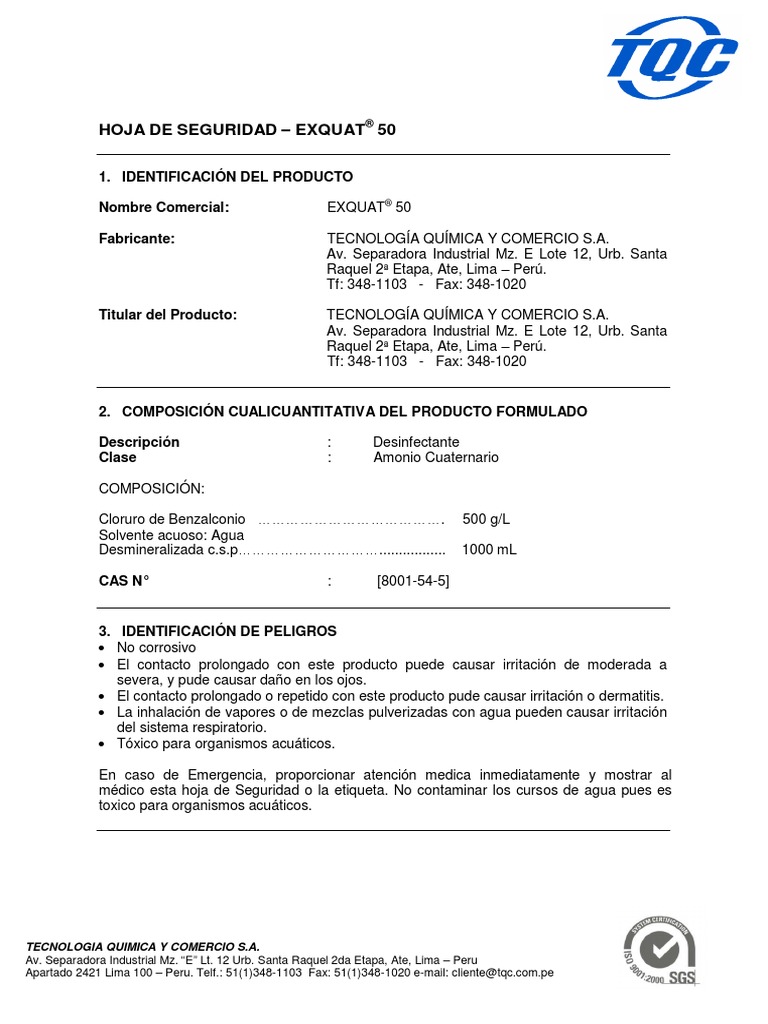 Exquat 50 Desinfectante | PDF | Toxicidad | Agua