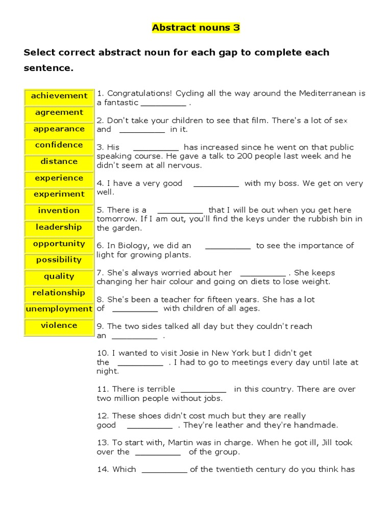 Abstract Nouns Exercise 3 | PDF