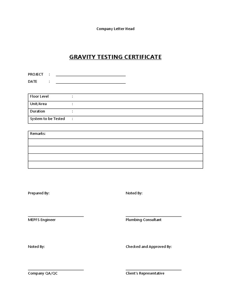 Gravity Testing Certificate Document | PDF | Technology & Engineering