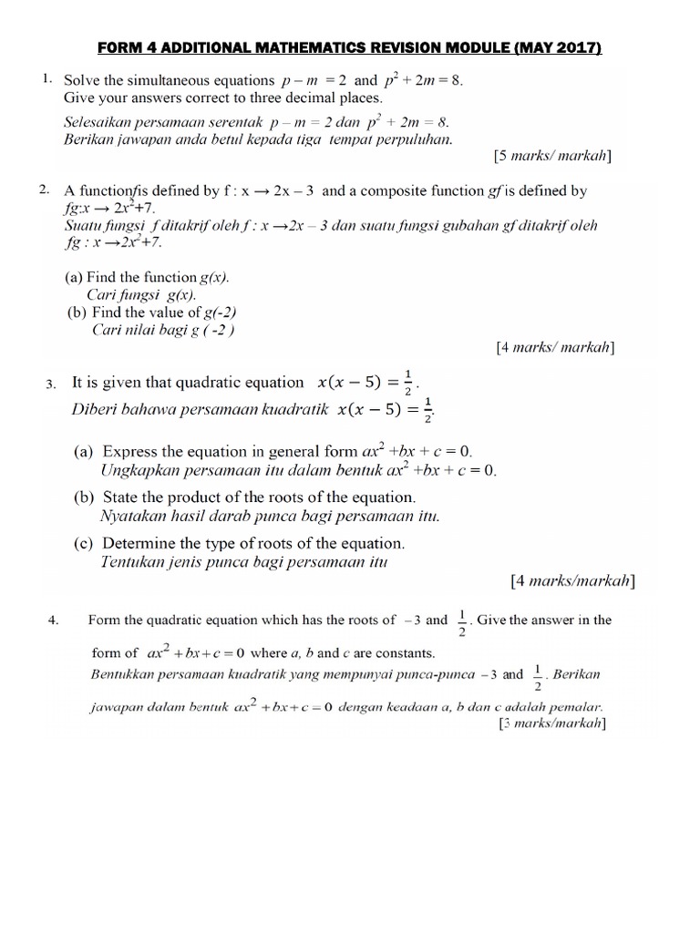 Form 4 Add Math Revision Module 2017 | PDF