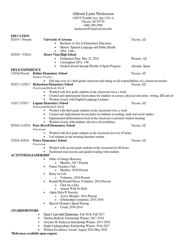 Resume Spring 2018 | PDF | Arizona | Classroom