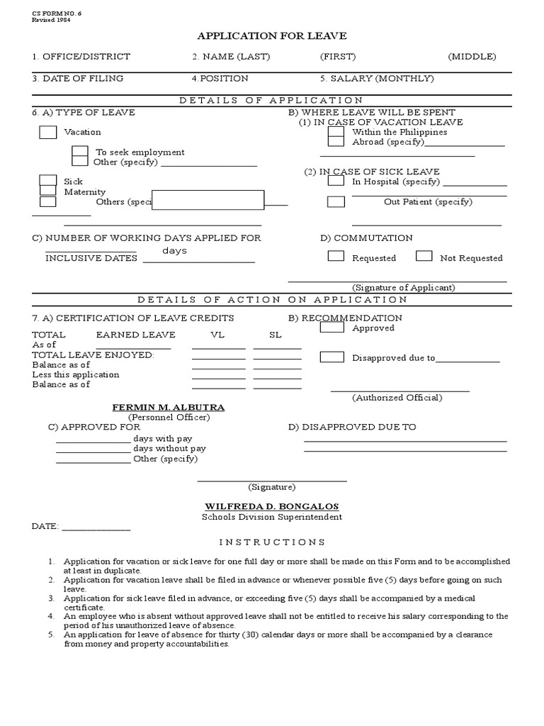 Form 6 Leave Application Form | PDF | Sick Leave | Employee Relations