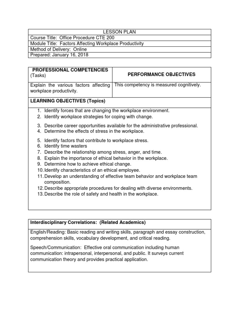 Office Procedure Lesson Plan Overview | PDF | Occupational Stress ...