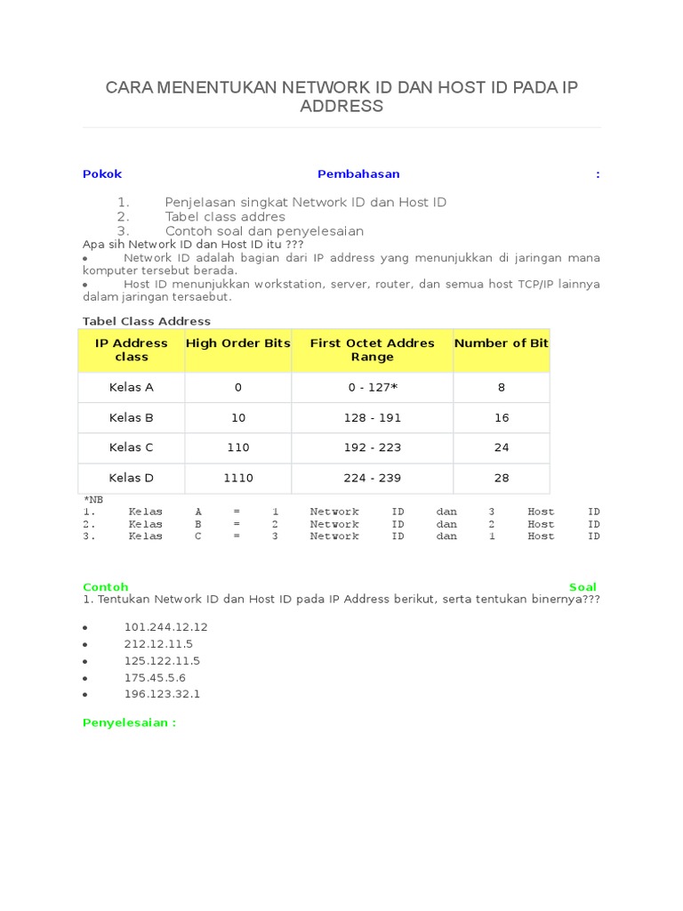 Cara Menentukan Network Id Dan Host Id Pada Ip Address | PDF
